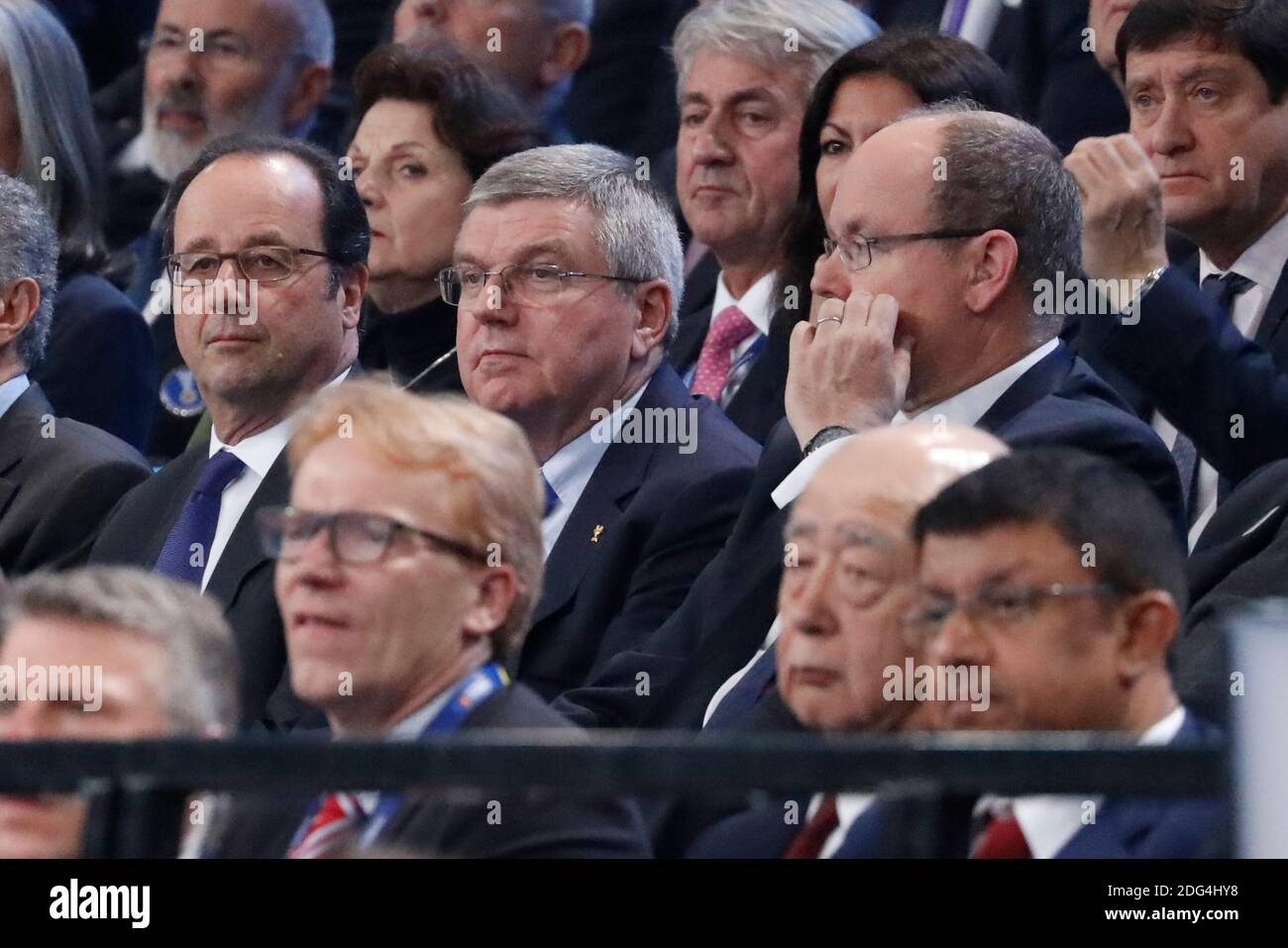 Francois Hollande, Thomas Bach and Albert of Monaco during the final of ...
