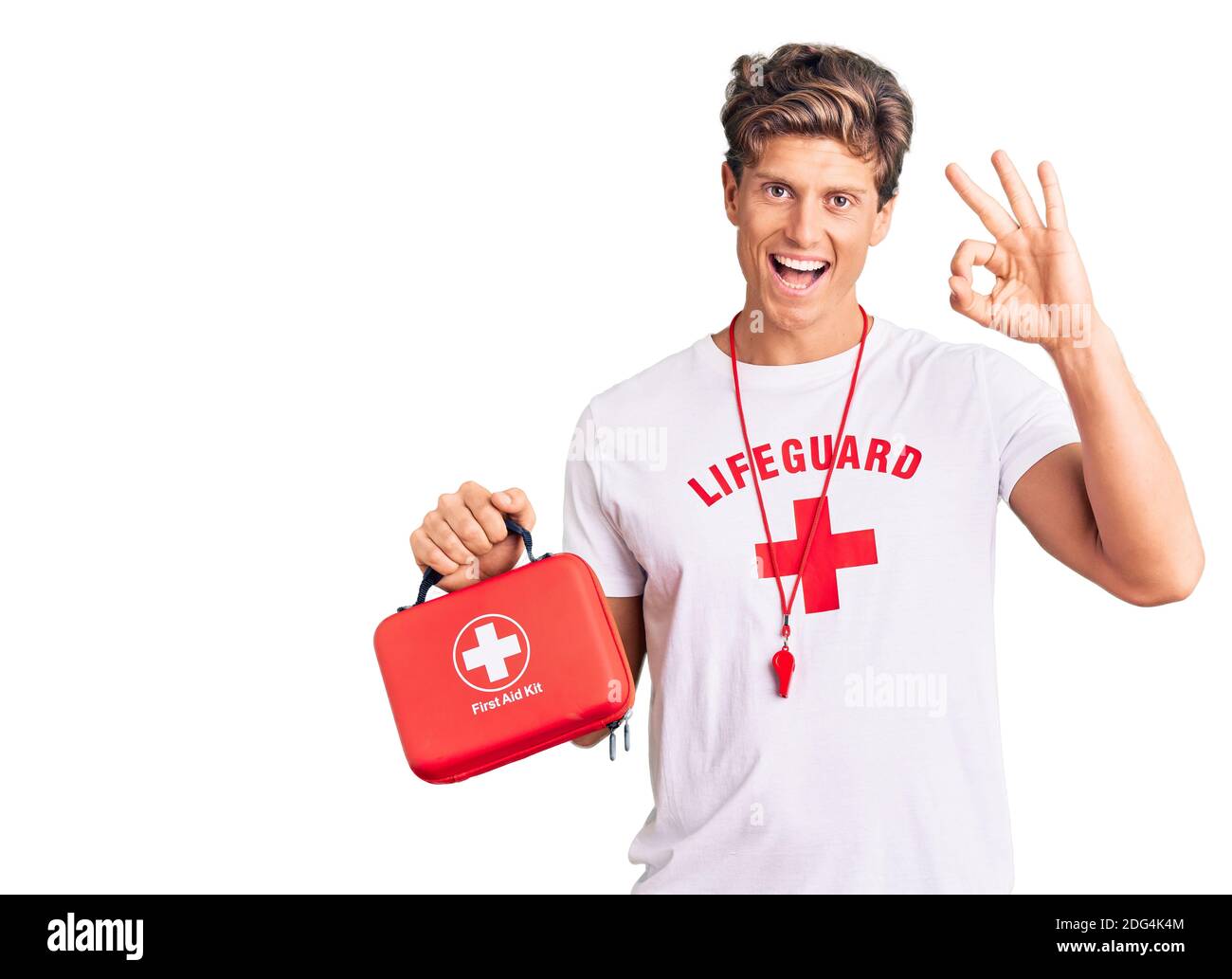 Young handsome man wearing lifeguard t shirt holding first aid kit ...