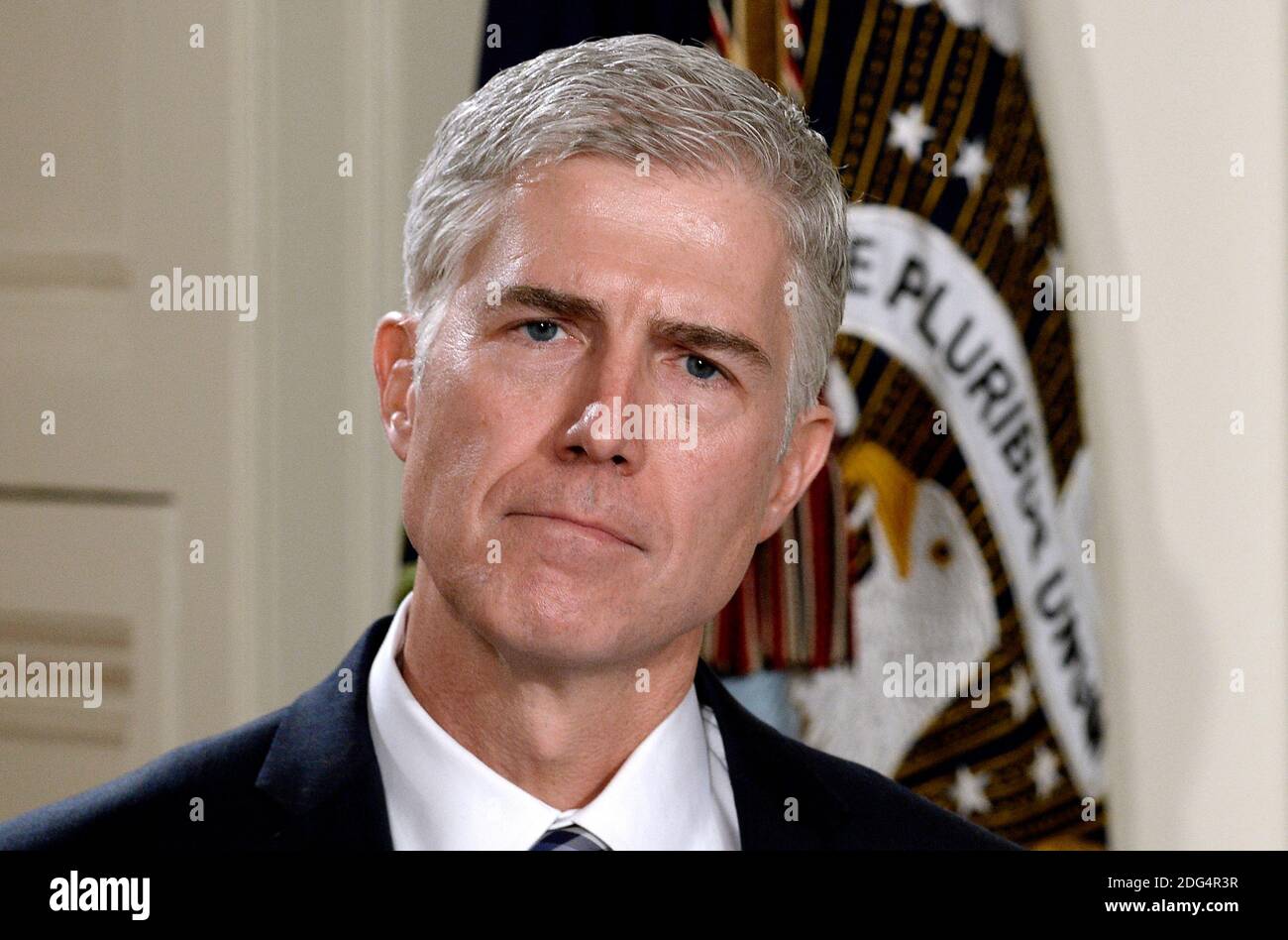 Supreme Court nominee Judge Neil M. Gorsuch looks on in the East Room ...