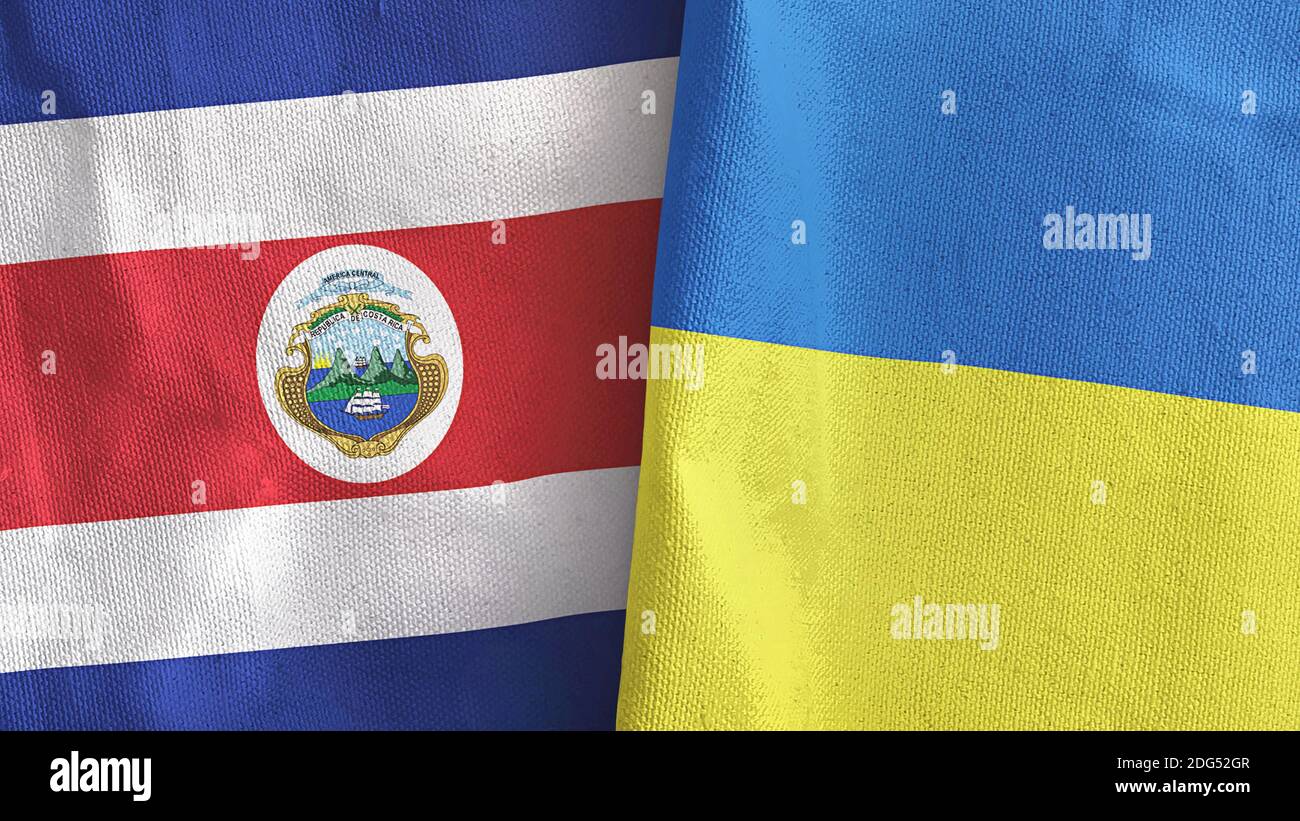 Ukraine and Costa Rica two flags textile cloth 3D rendering Stock Photo ...