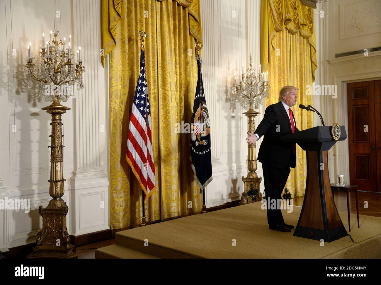 U.S. President Donald Trump speaks during a press conference in the ...