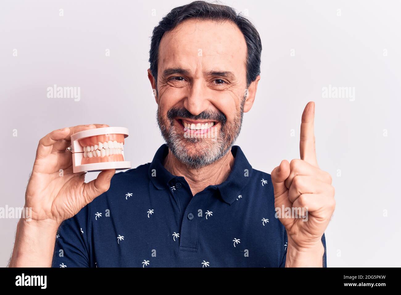 Middle age handsome man holding denture showing teeth over isolated ...