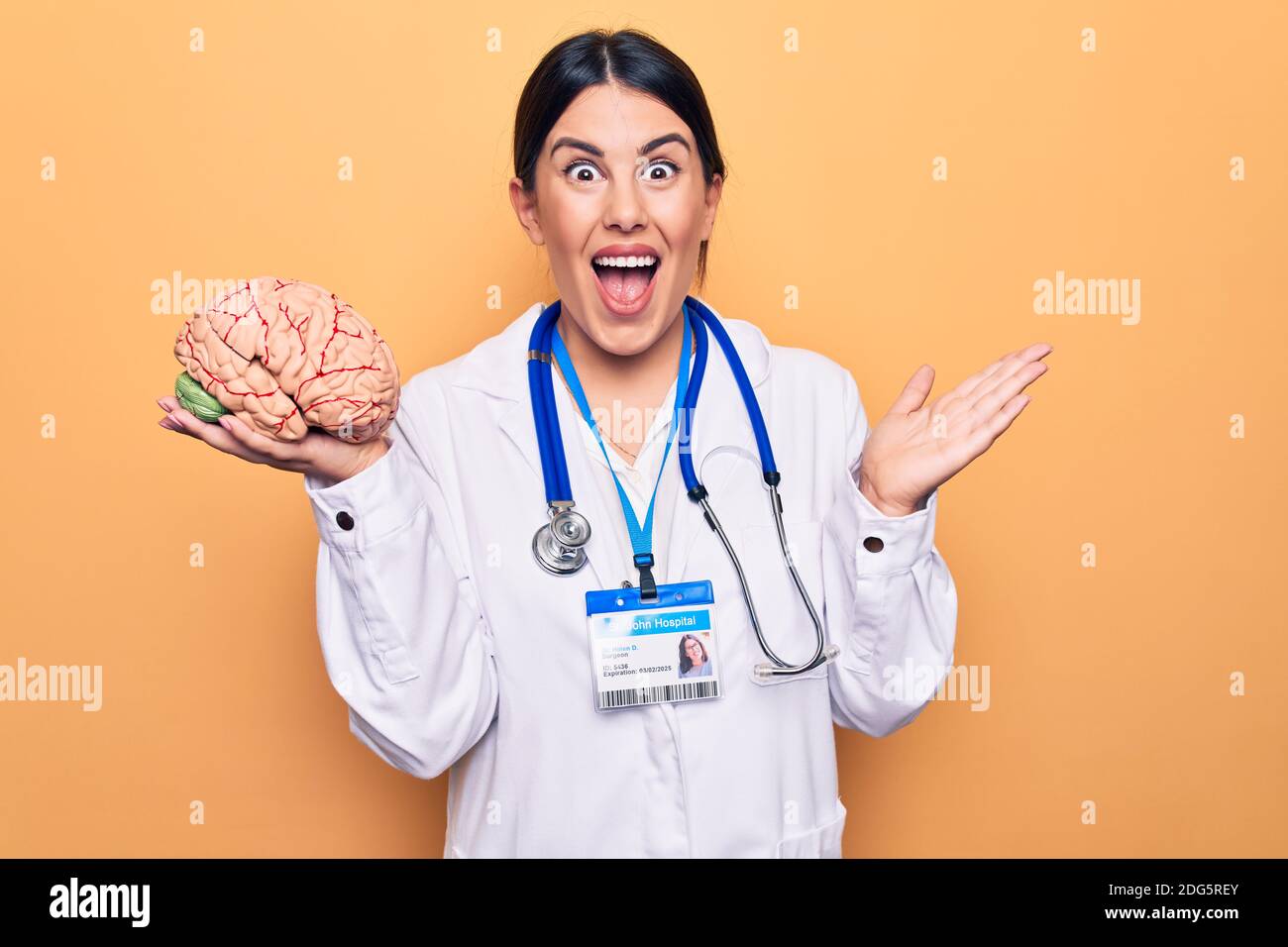 Young beautiful psychiatrist woman wearing stethoscope holding brain ...