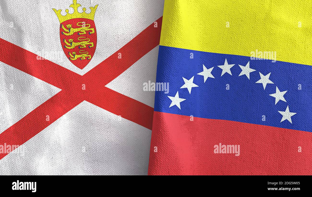 Venezuela and Jersey two flags textile cloth 3D rendering Stock Photo ...