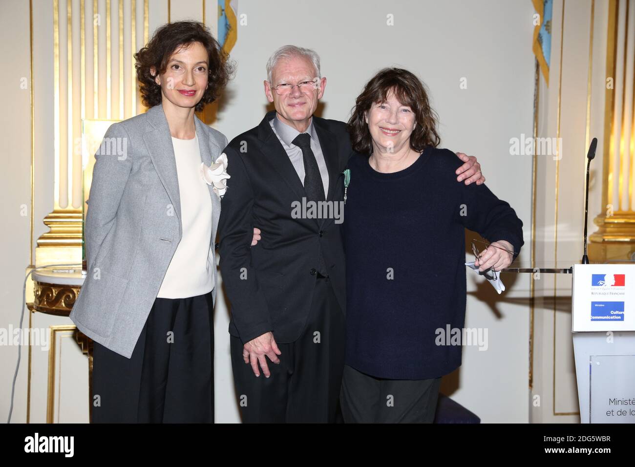 Audrey Azoulay, Philippe Lerichomme et Jane Birkin lors de la ceremonie ...