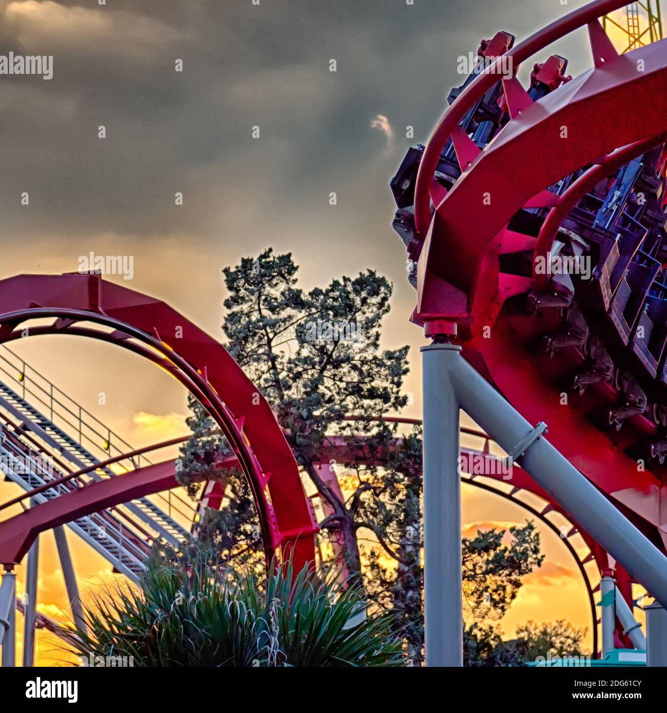 Crazy rollercoaster rides at amusement park Stock Photo - Alamy