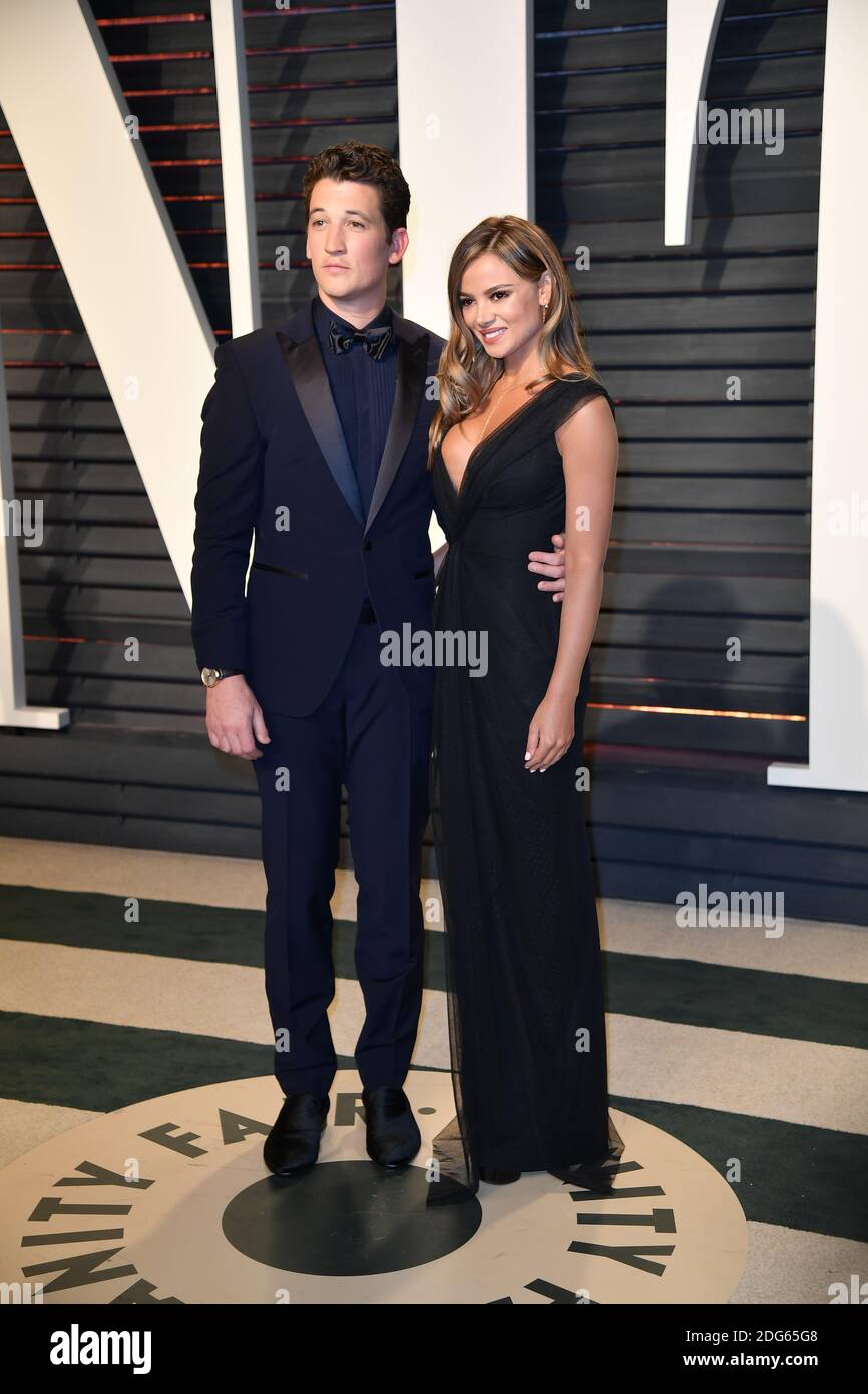 Miles Teller and Keleigh Sperry arriving at the Vanity Fair Oscar Party ...