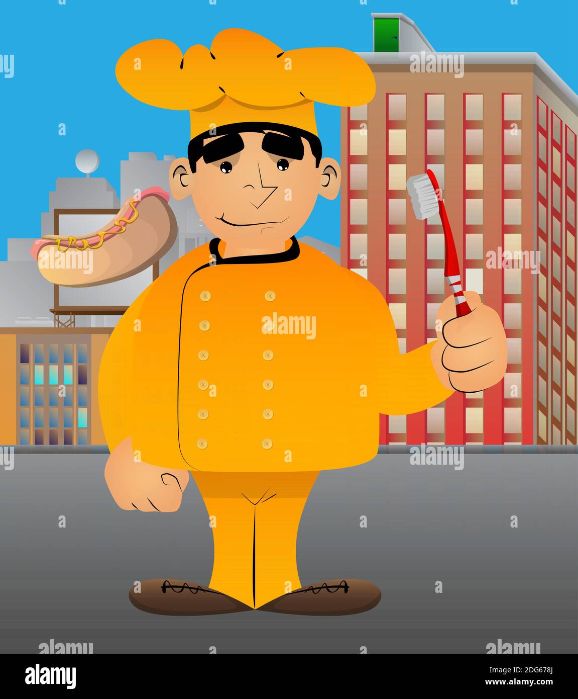 Fat male cartoon chef in uniform holding toothbrush. Vector ...