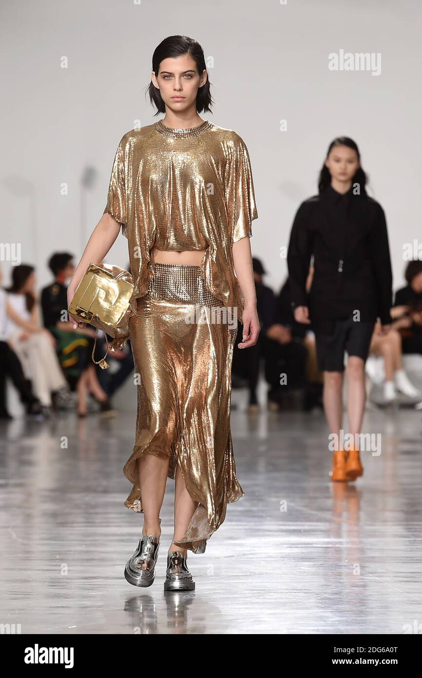 A models walk on the runway at the Paco Rabanne show during Paris ...
