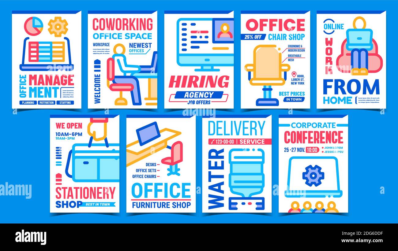 Office Working Process Promo Posters Set Vector Stock Vector Image ...