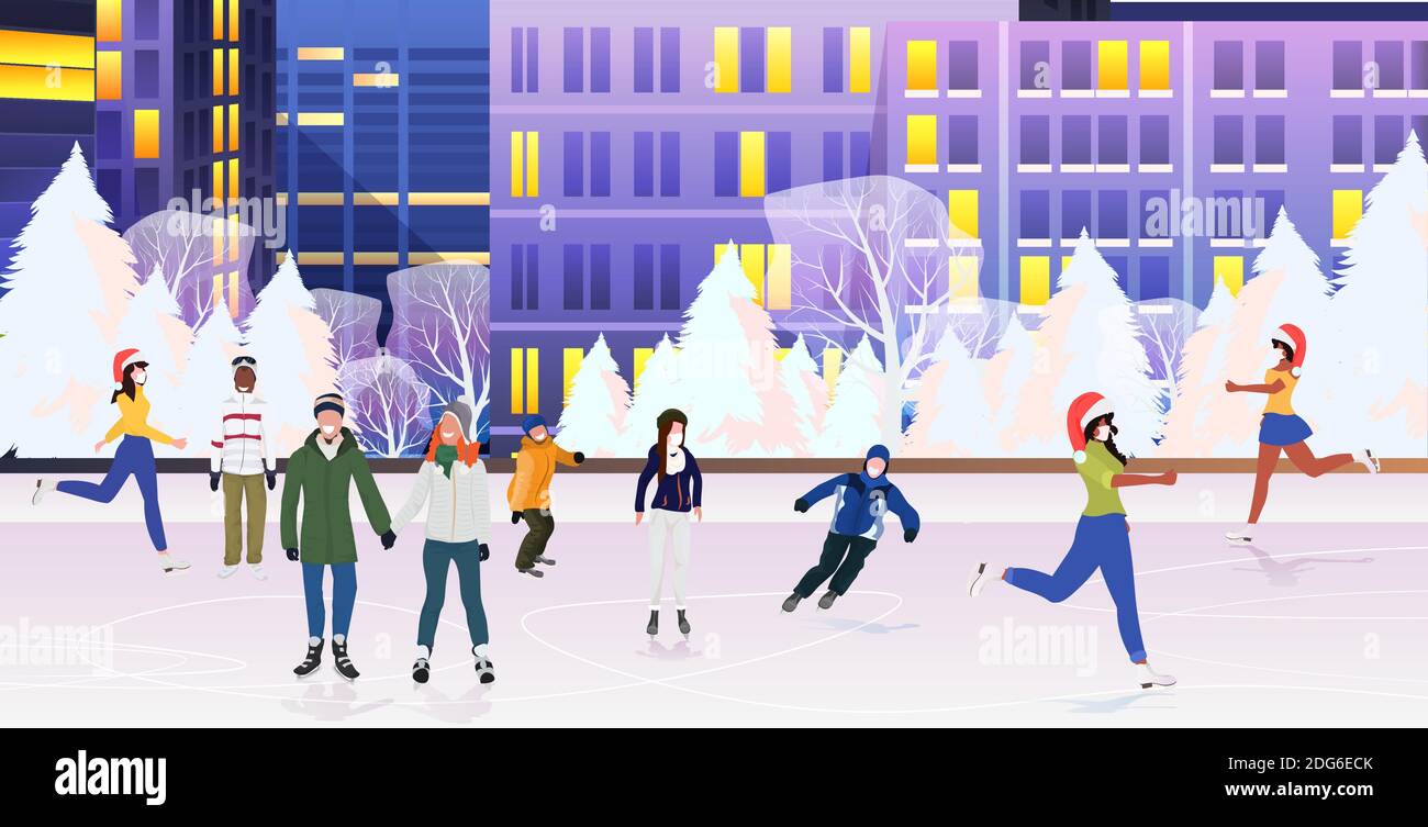 people in masks skating on ice rink mix race men women having fun new ...