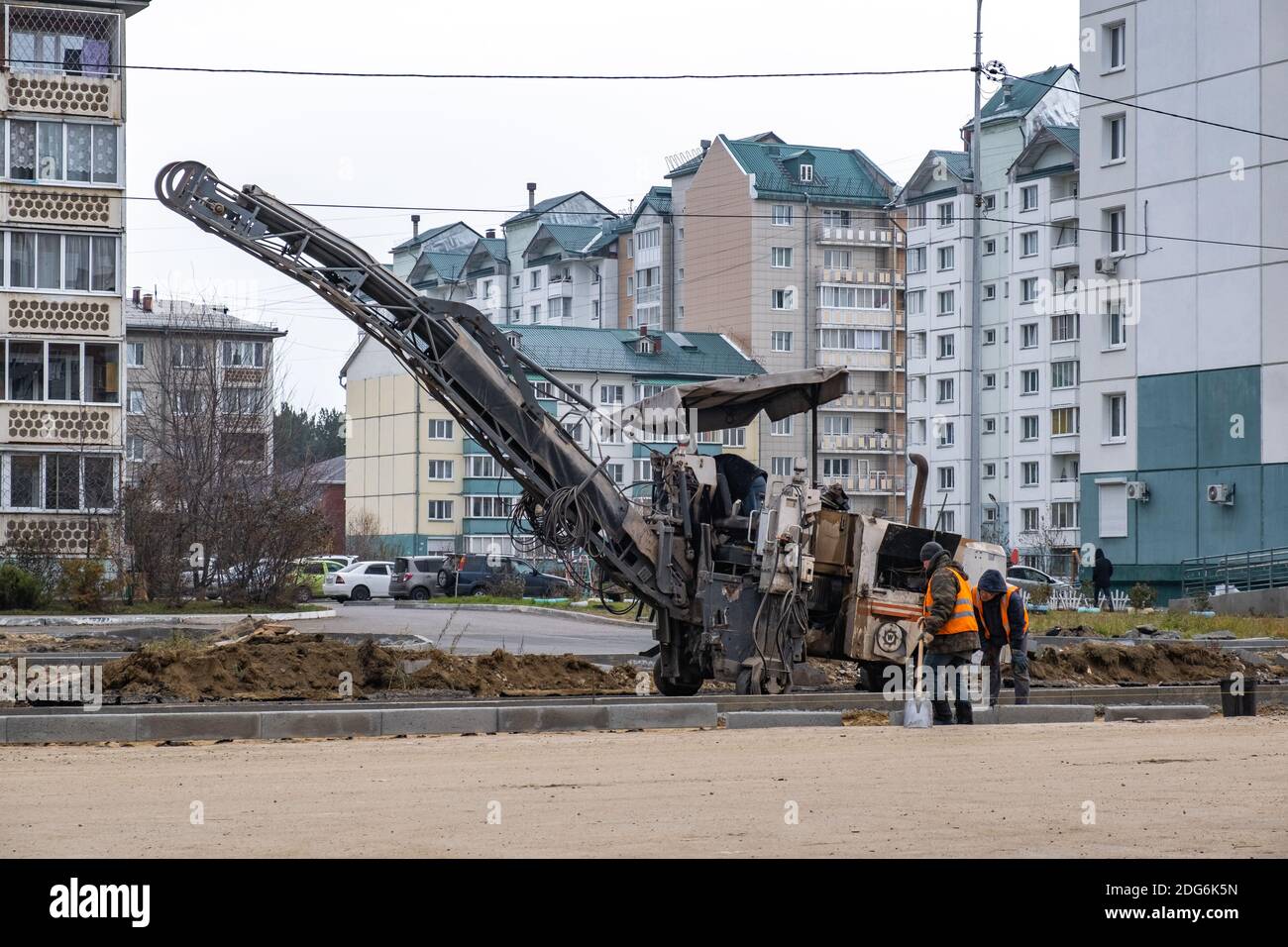 RUSSIA, ANGARSK - October 19, 2020 Construction, repair of a road in a ...