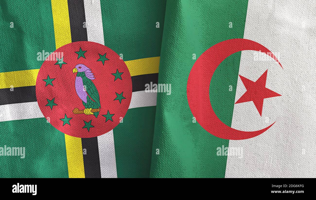 Algeria and Dominica two flags textile cloth 3D rendering Stock Photo ...