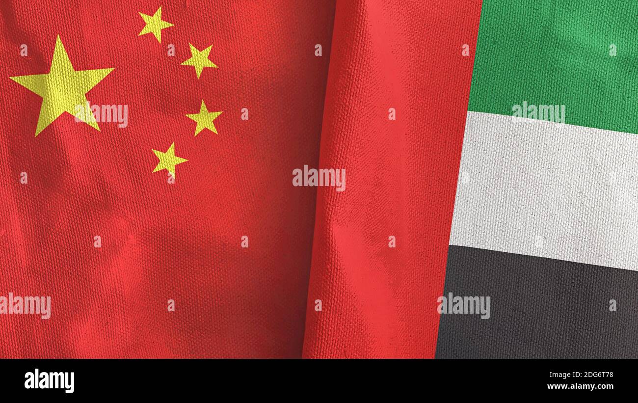 United Arab Emirates and China two flags textile cloth 3D rendering ...