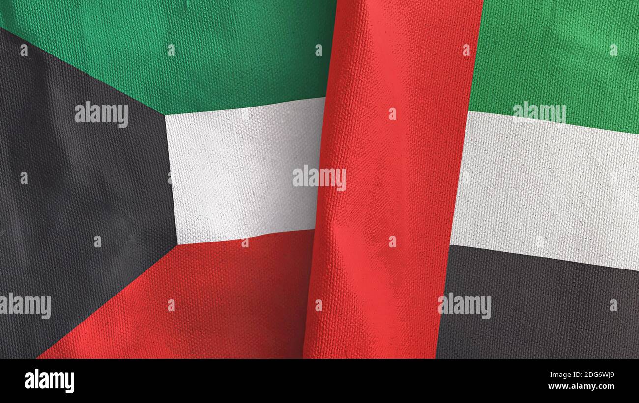 United Arab Emirates and Kuwait two flags textile cloth 3D rendering ...
