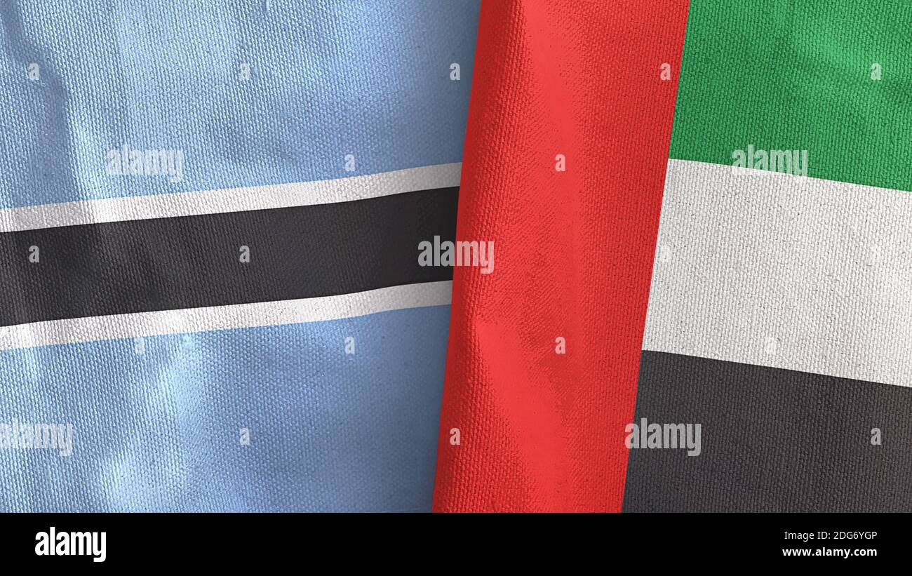 United Arab Emirates and Botswana two flags textile cloth 3D rendering ...