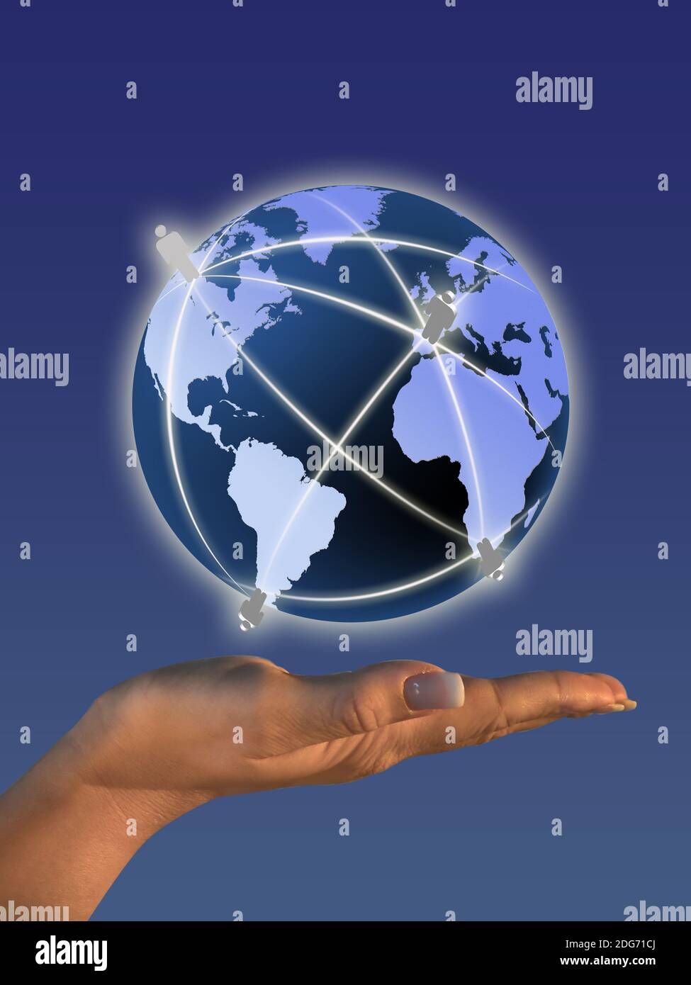 Globe on human hand. Communication concept illustration Stock Photo - Alamy