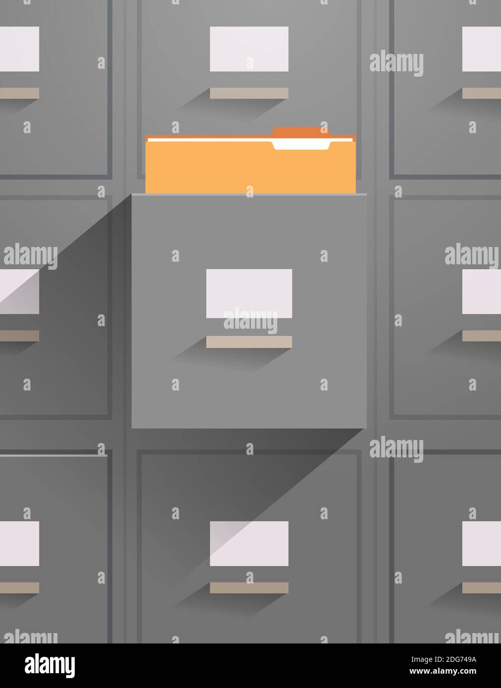 office wall of filing cabinet with open card catalog document data archive storage folders for ...