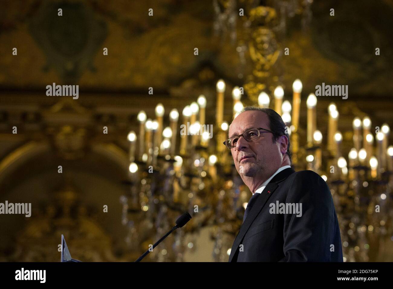French President Francois Hollande delivers his speech during an event ...