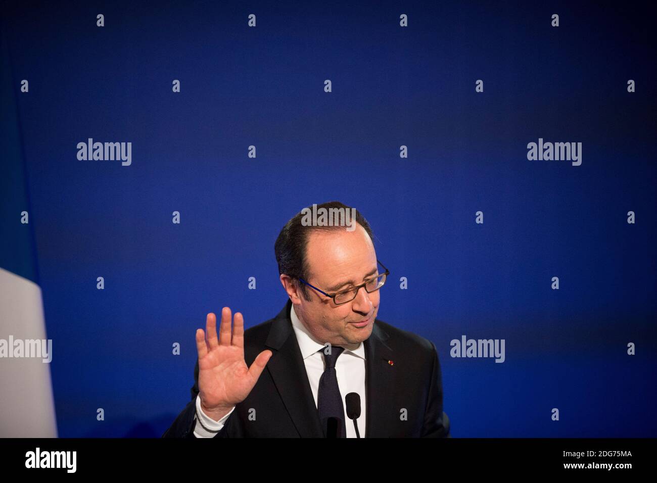 French President Francois Hollande delivers his speech during an event ...