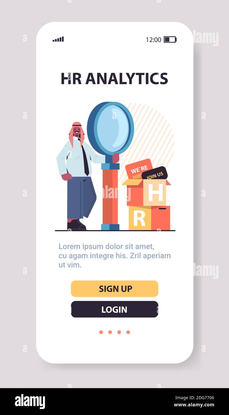 arab man hr manager holding magnifying zoom recruitment and hiring ...