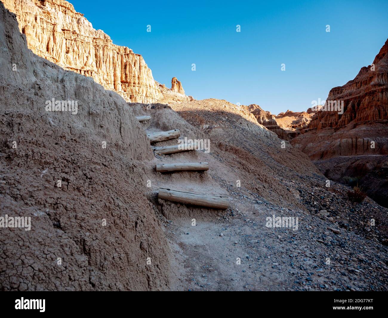 Rustic log steps on hiking trail at Cathedral Gorge State Park, Nevada ...