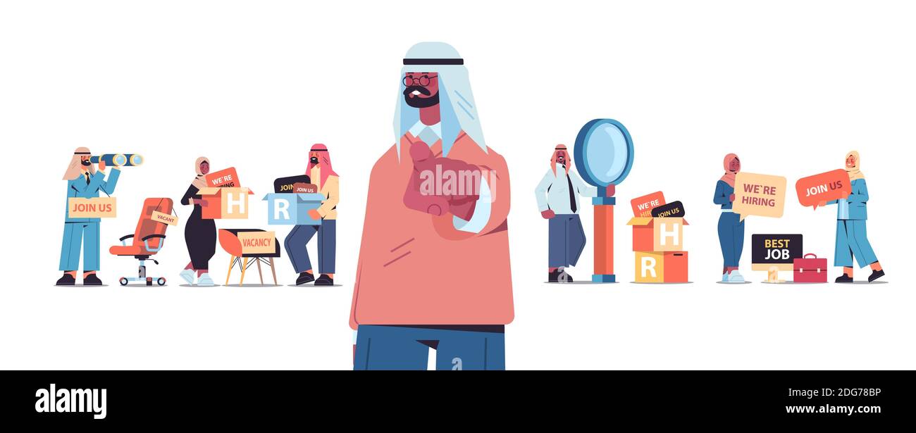 arabic hr managers choosing lucky applicant pointing fingers at camera ...