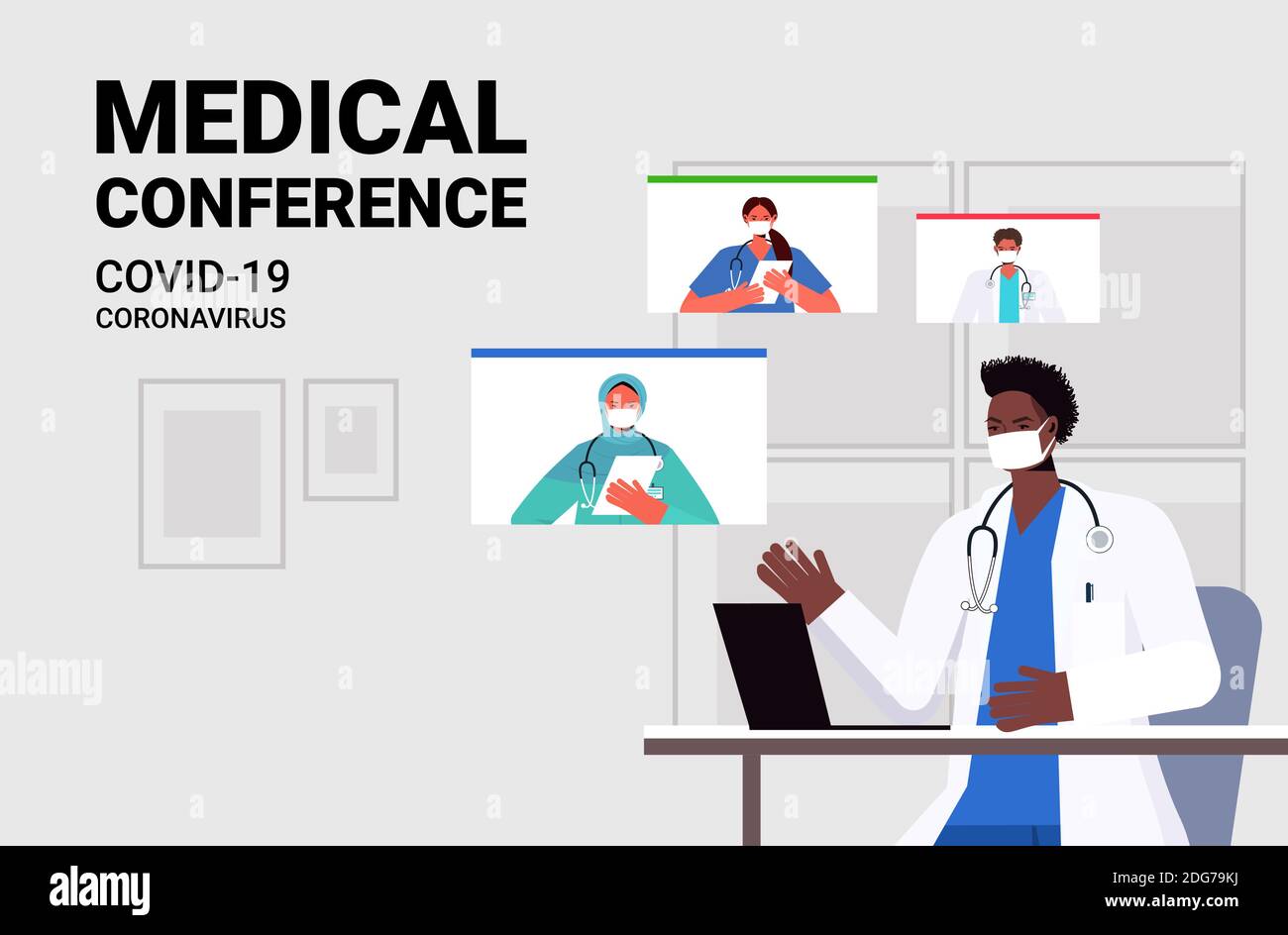 team of mix race doctors discussing during video call virtual medical ...