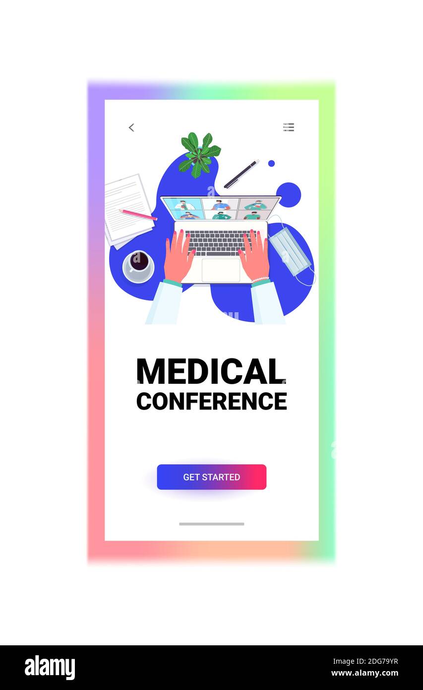 hands using laptop doctor discussing with mix race colleagues on screen ...