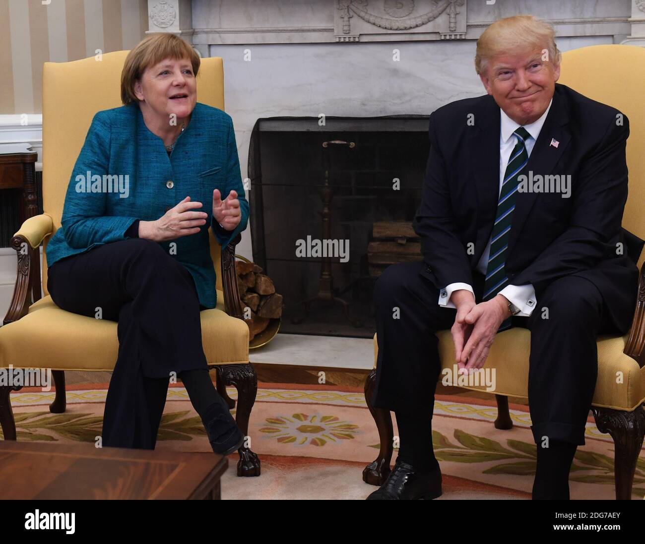 German Chancellor Angela Merkel (L) meets with U.S. President Donald ...