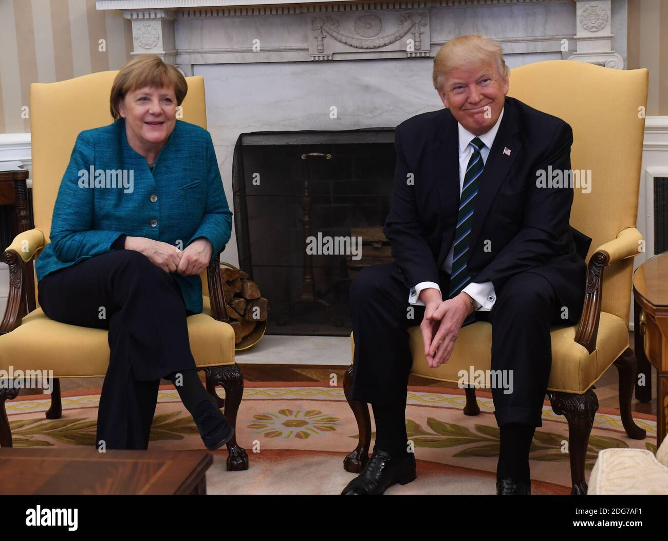 German Chancellor Angela Merkel (L) meets with U.S. President Donald ...