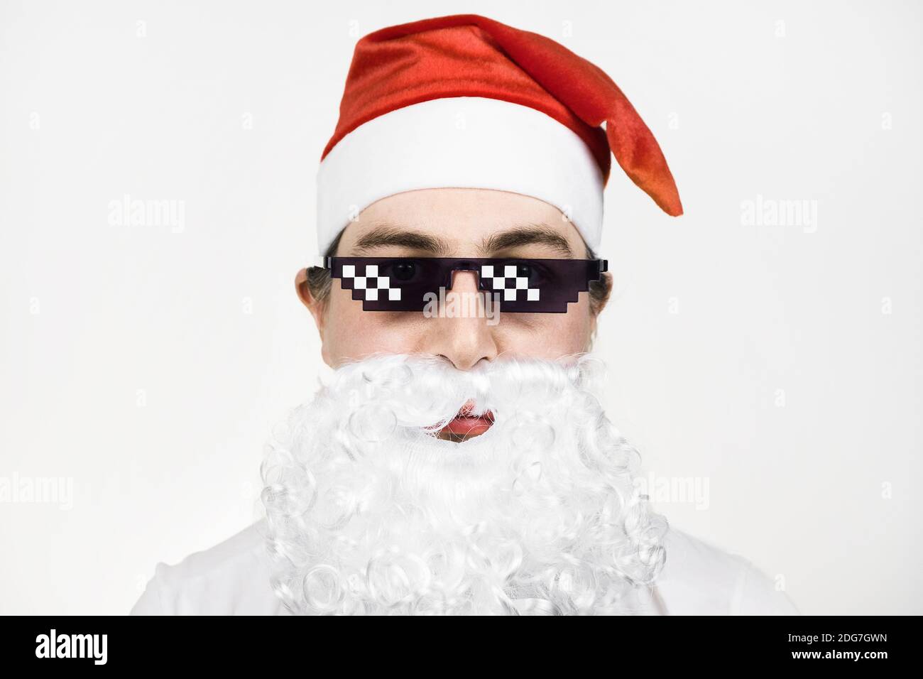 Swag Santa Claus in funny pixelated sunglasses on white background ...