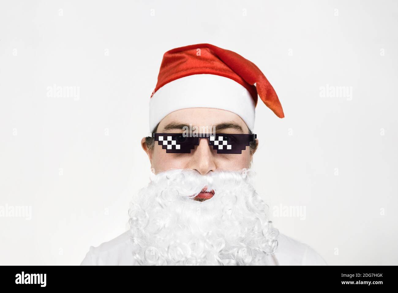 Swag Santa Claus in funny pixelated sunglasses on white background ...