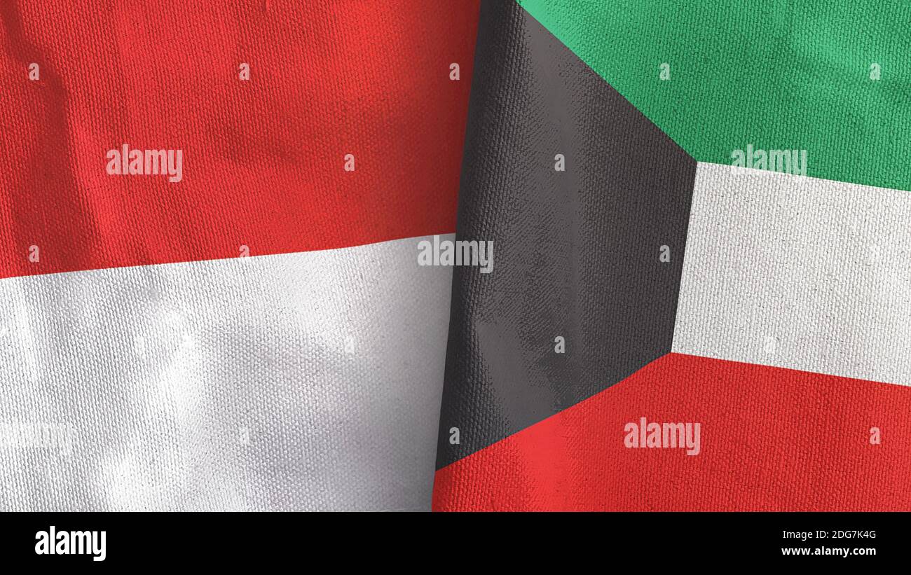 Kuwait and Indonesia two flags textile cloth 3D rendering Stock Photo ...