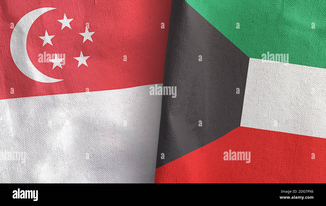 Kuwait and Singapore two flags textile cloth 3D rendering Stock Photo ...