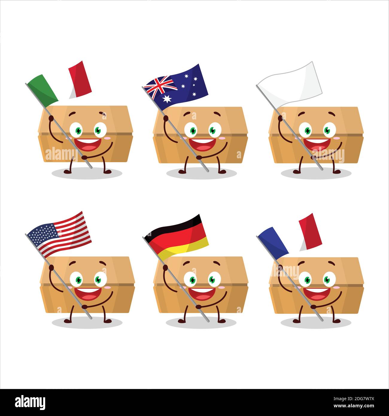 Food pack cartoon character bring the flags of various countries ...