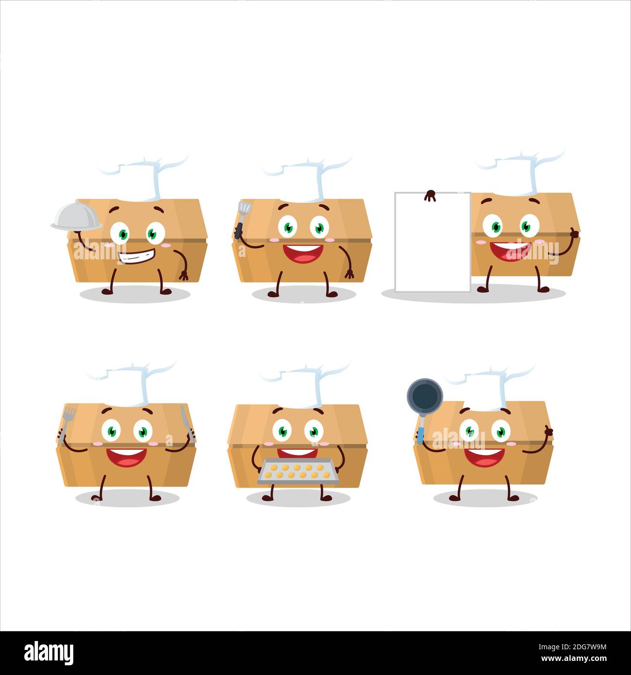 Cartoon character of food pack with various chef emoticons. Vector ...