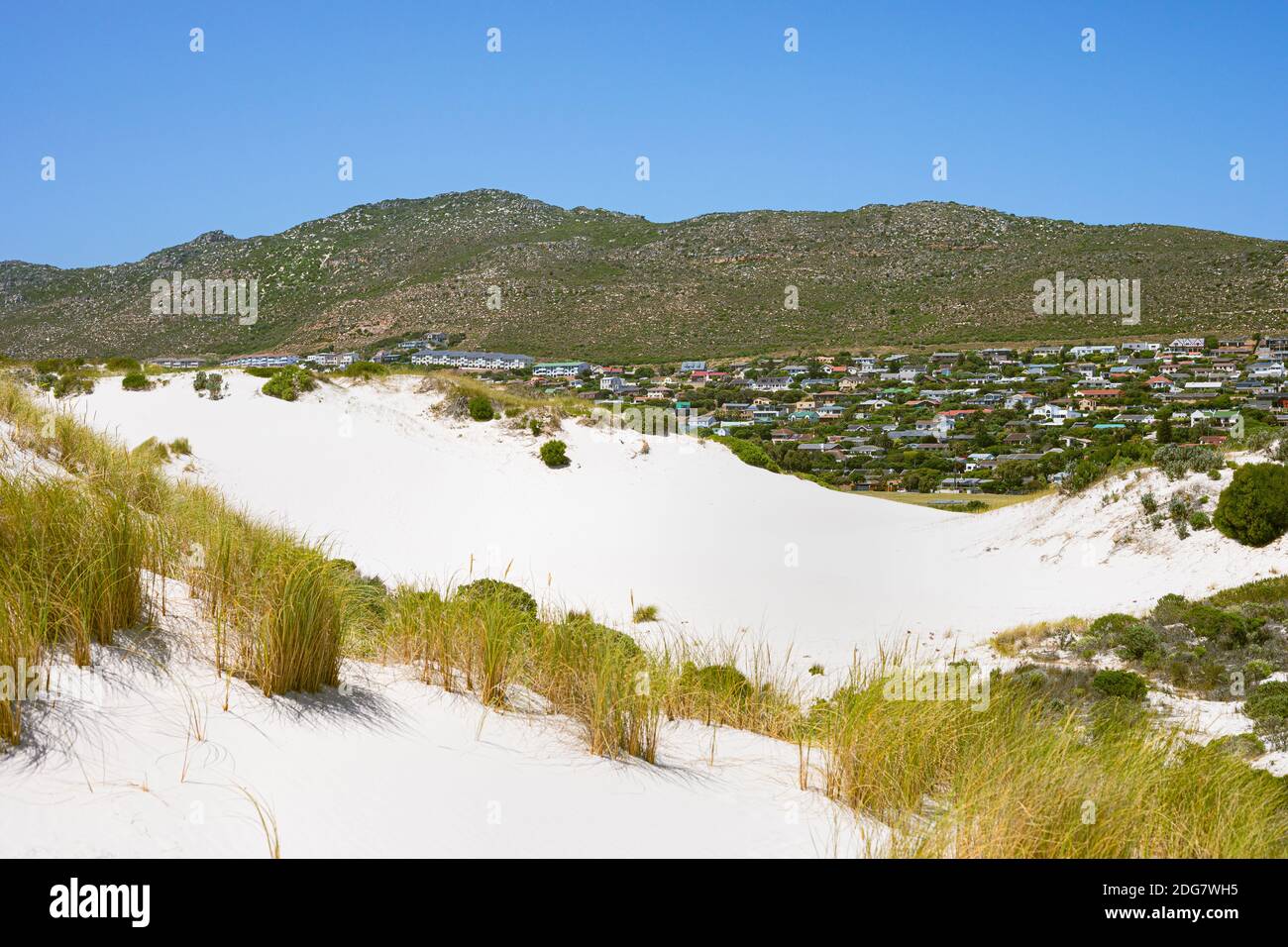 Mountains and dunes in Fish Hoek, a small sleepy holiday destination in ...