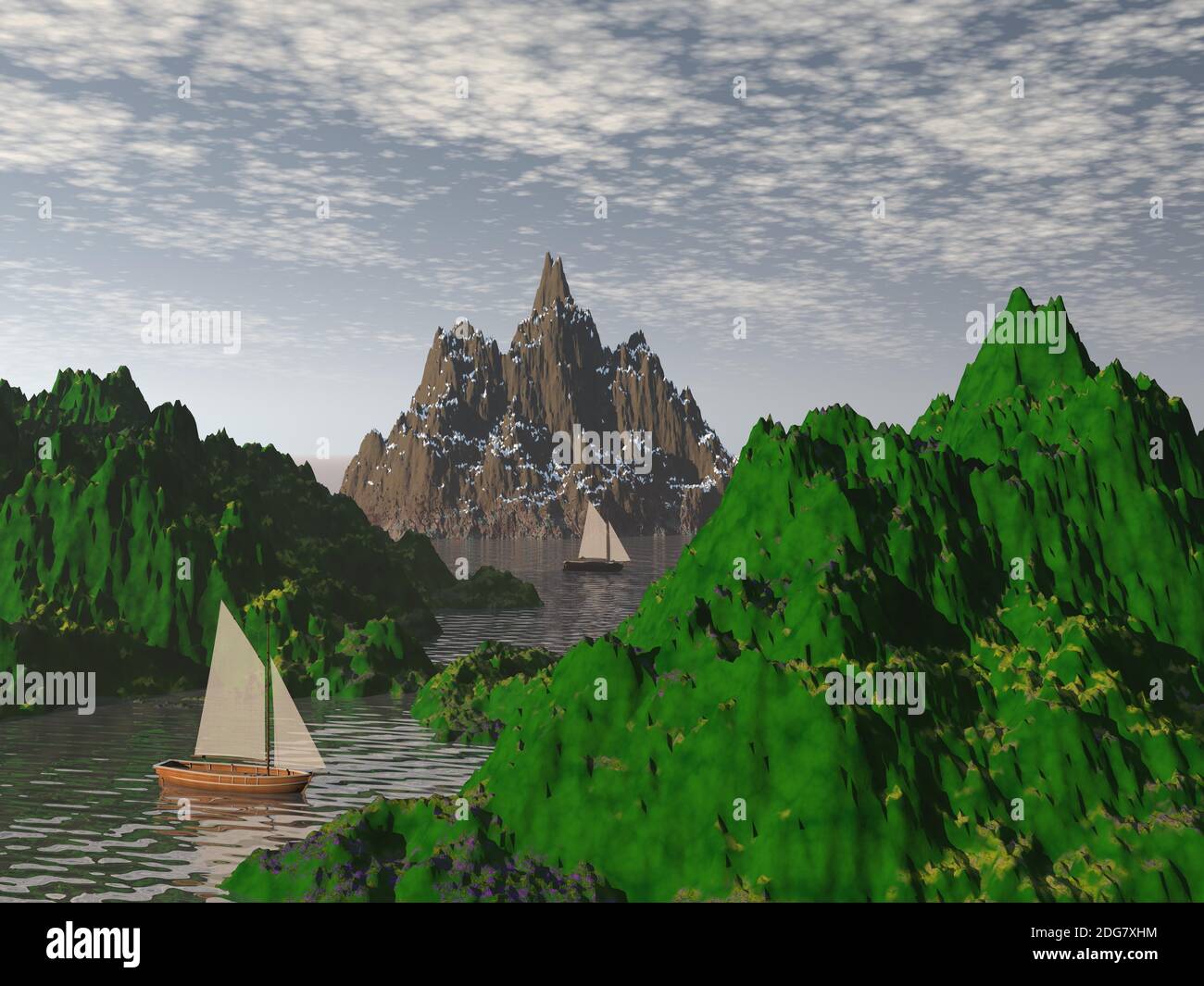 Mountains waterfront - 3d render Stock Photo - Alamy