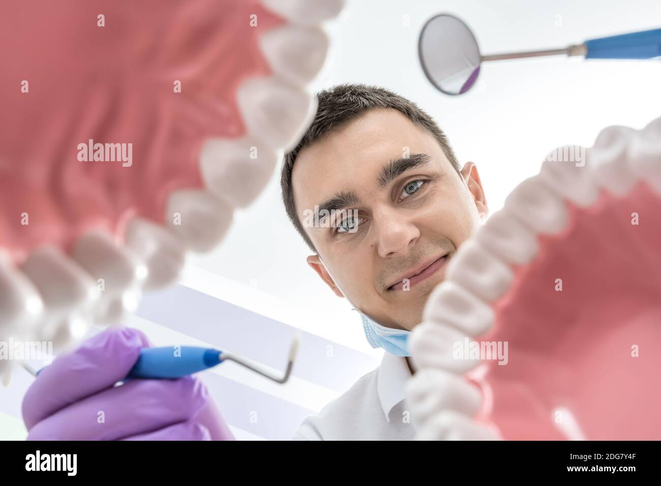 Dentist looks through jaw models Stock Photo - Alamy