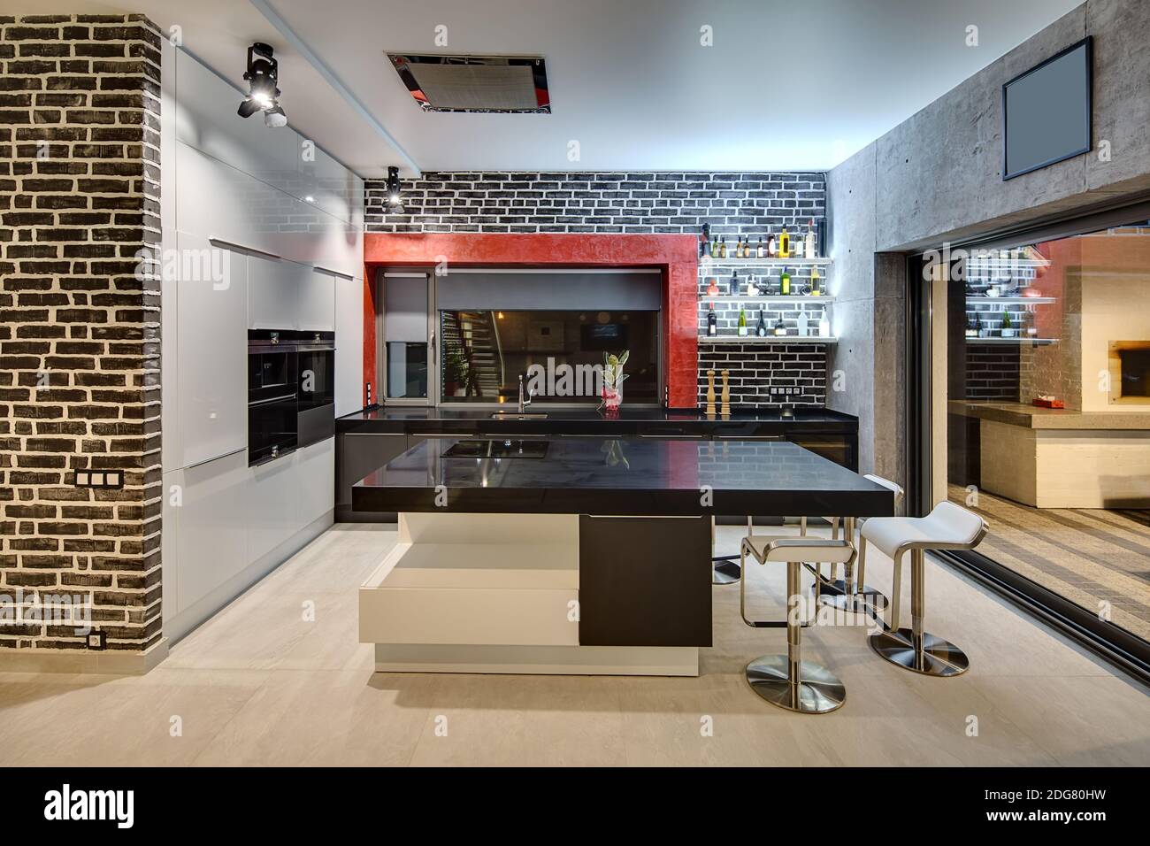 Glowing kitchen in modern style Stock Photo - Alamy
