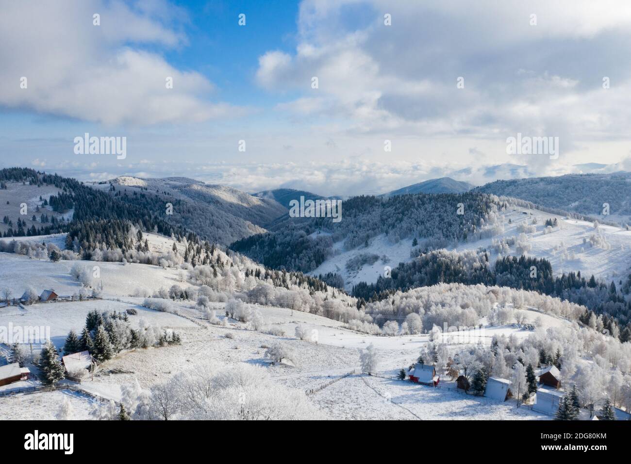Aerial view of idyllic winter landscape with frozen trees in ...