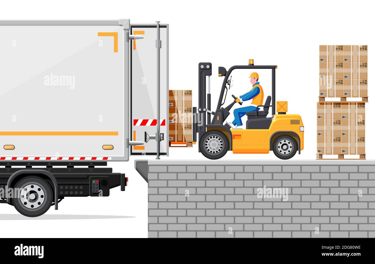 Forklift loading pallet boxes into truck. Warehouseman with checklist ...