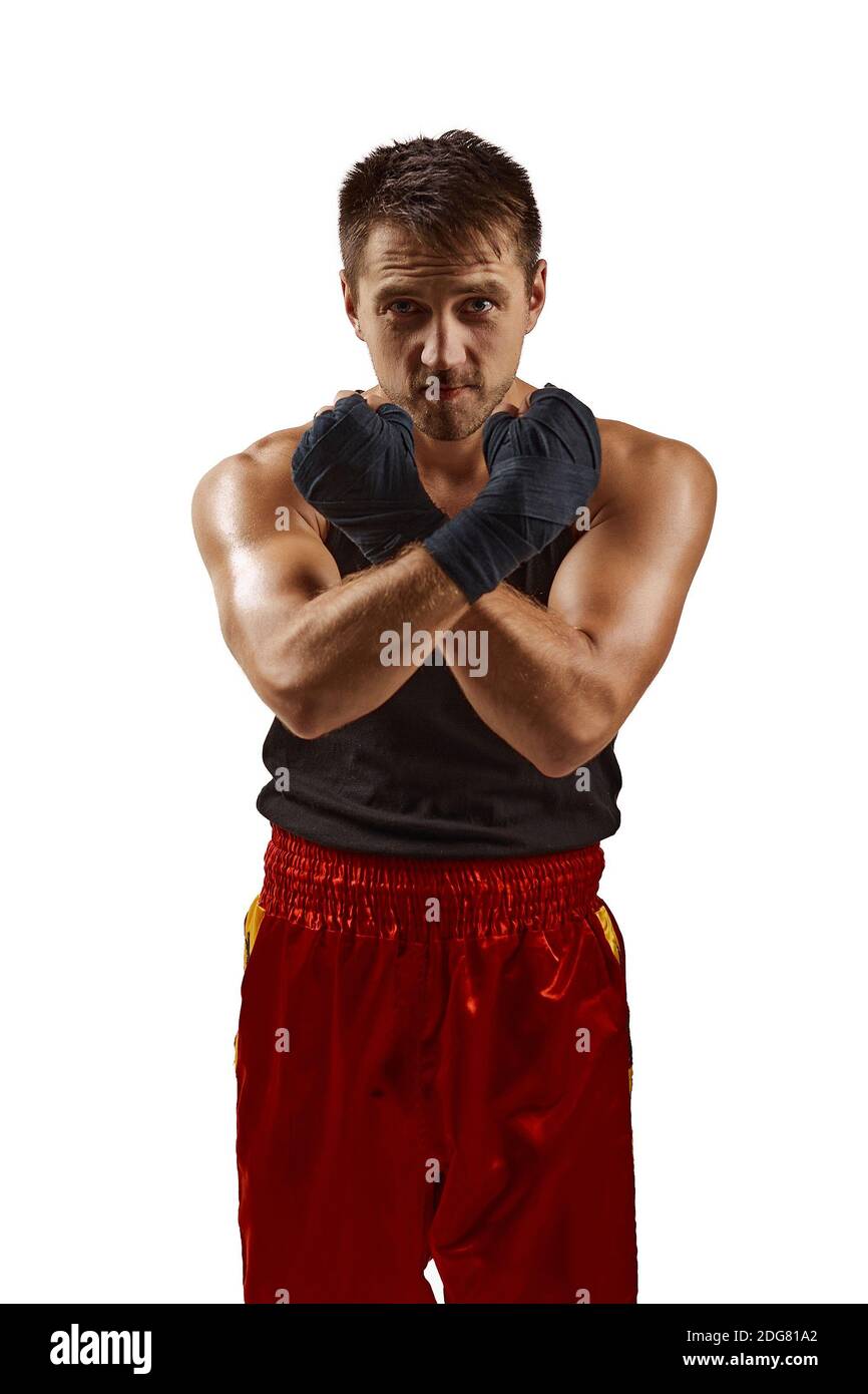 fighter man in black sports bandages on his hands boxer ready for a ...