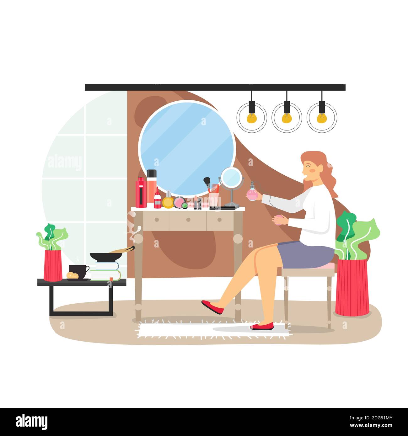 Daily life, morning routine. Young woman doing makeup, flat vector ...