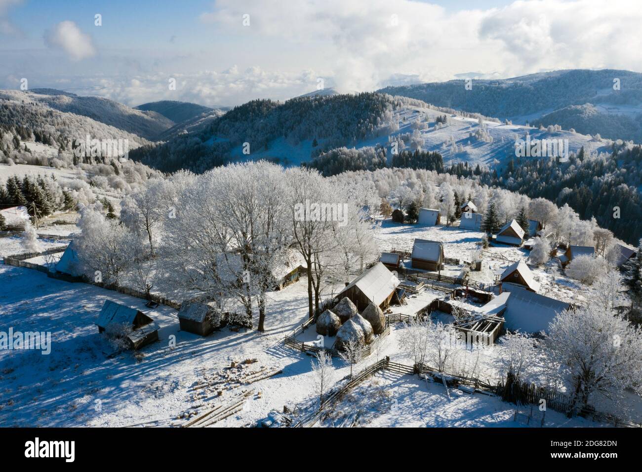 Aerial view of idyllic winter landscape with frozen trees in ...