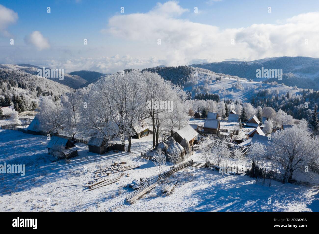 Aerial view of idyllic winter landscape with frozen trees in ...