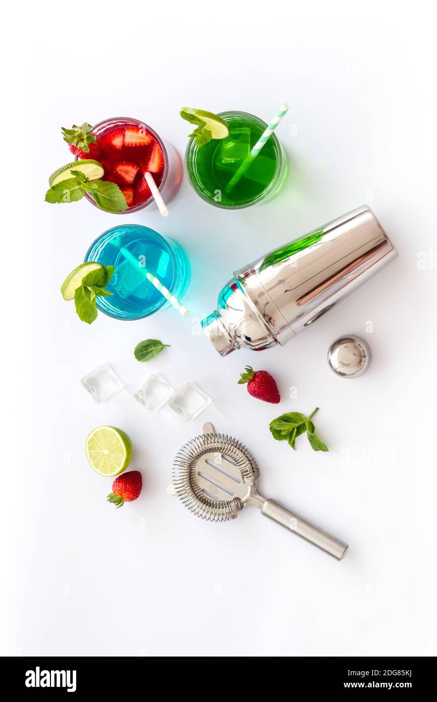 Mix of cocktails cold drink with ingredients and bar tools Stock Photo ...