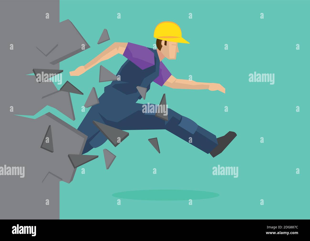 Creative cartoon vector illustration of construction worker breaking ...