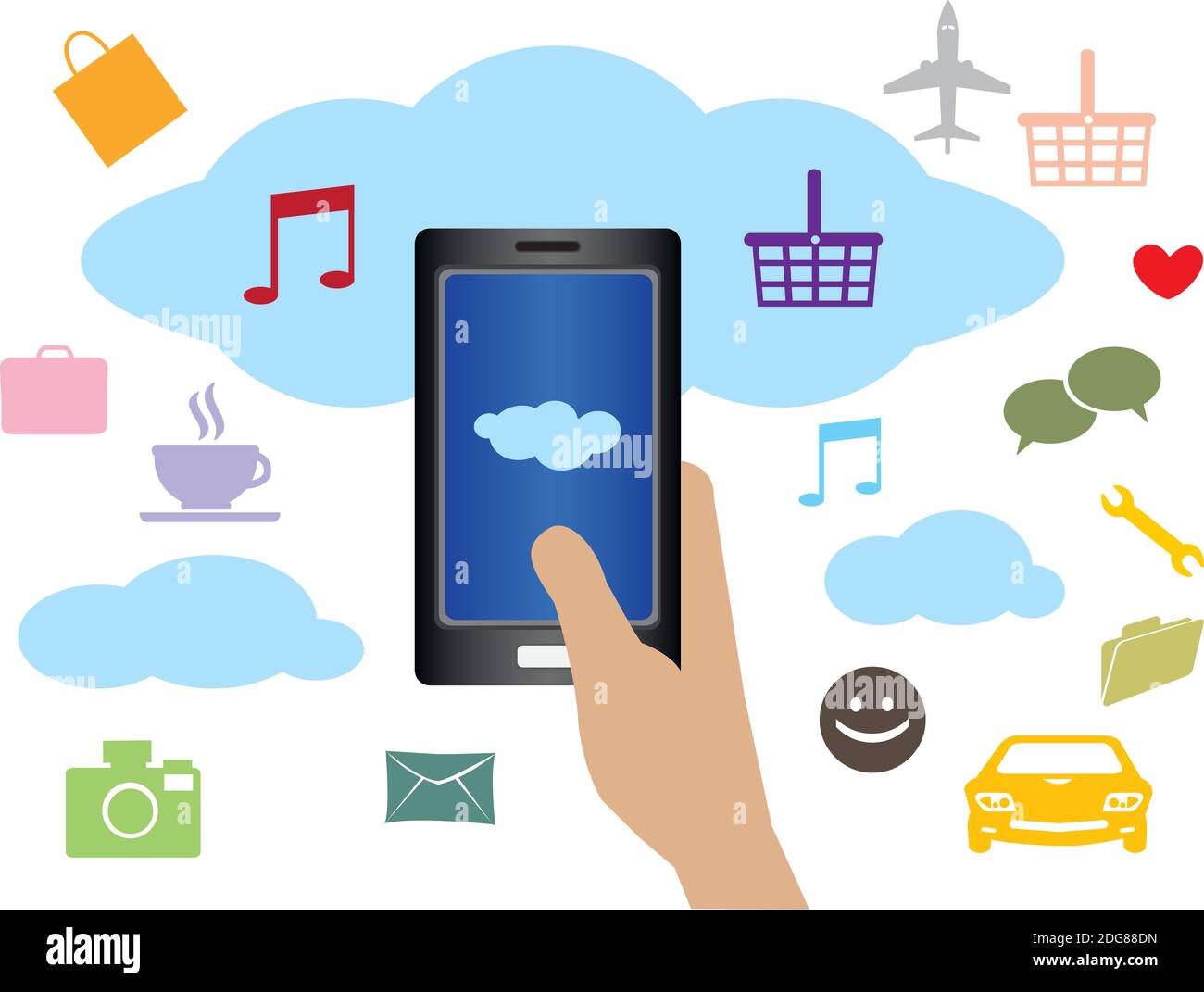 Vector illustration of hand holding handphone with clouds and web ...